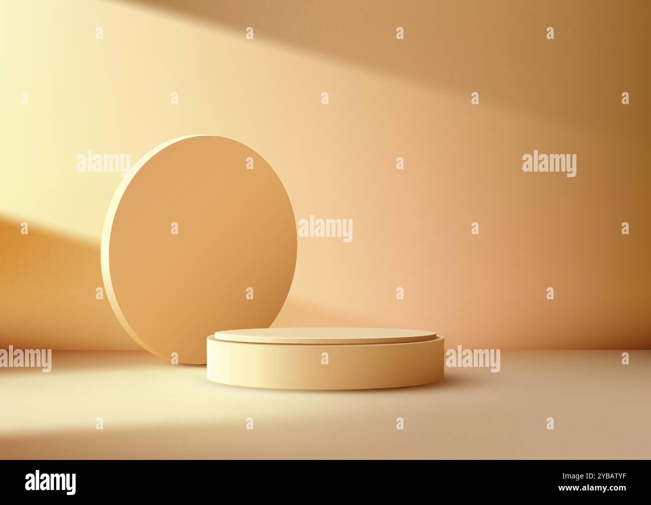 A minimalist 3D scene circular podium and large circle backdrop, bathed ...
