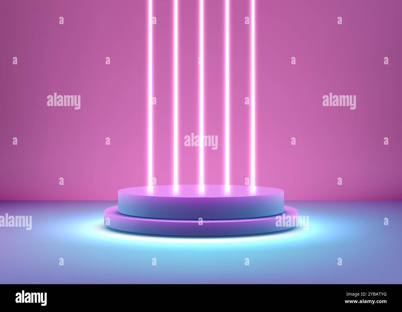 A futuristic 3D circular podium bathed in vibrant vertical neon lights ...