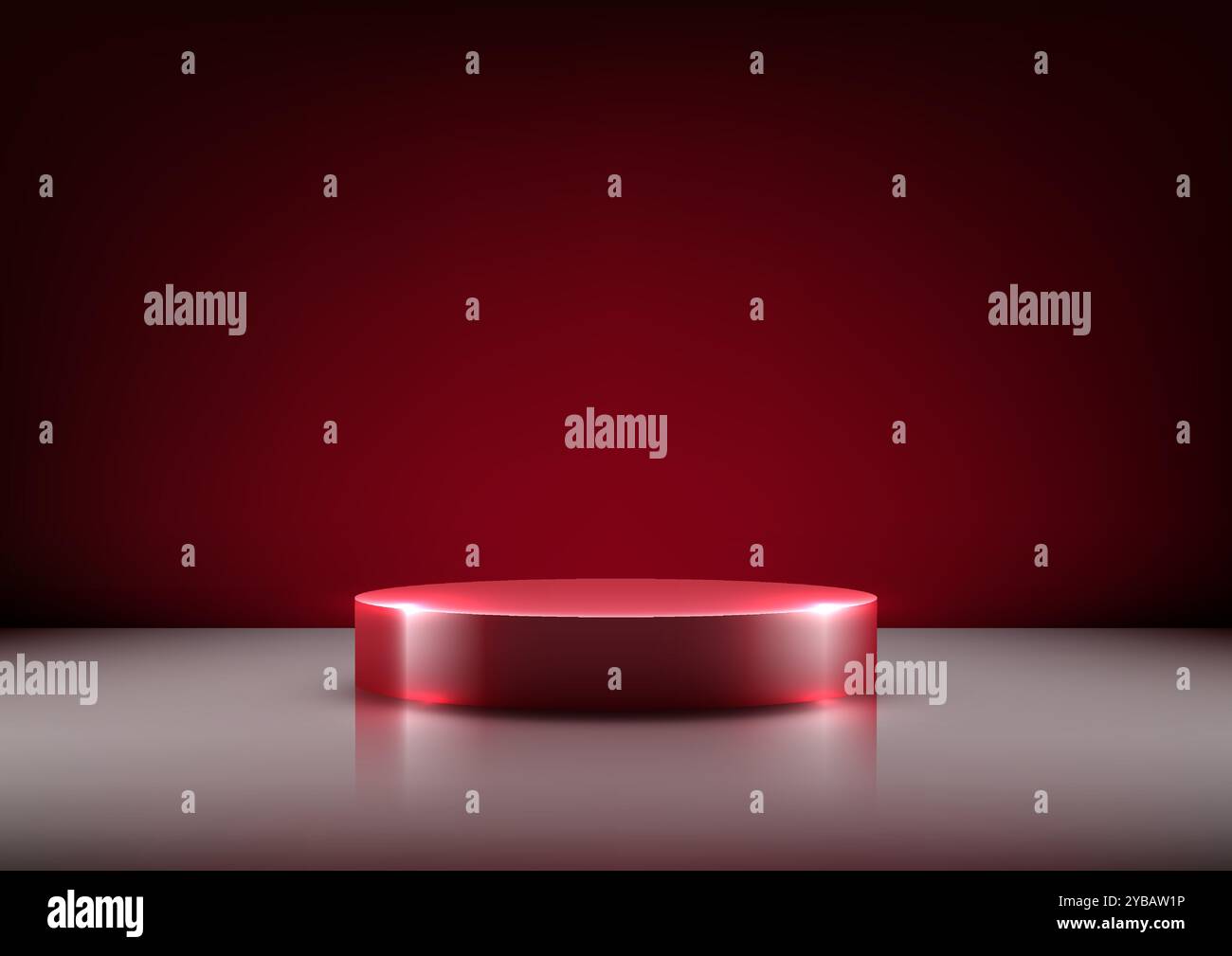 A modern 3D red circular podium set against a reflective surface for ...