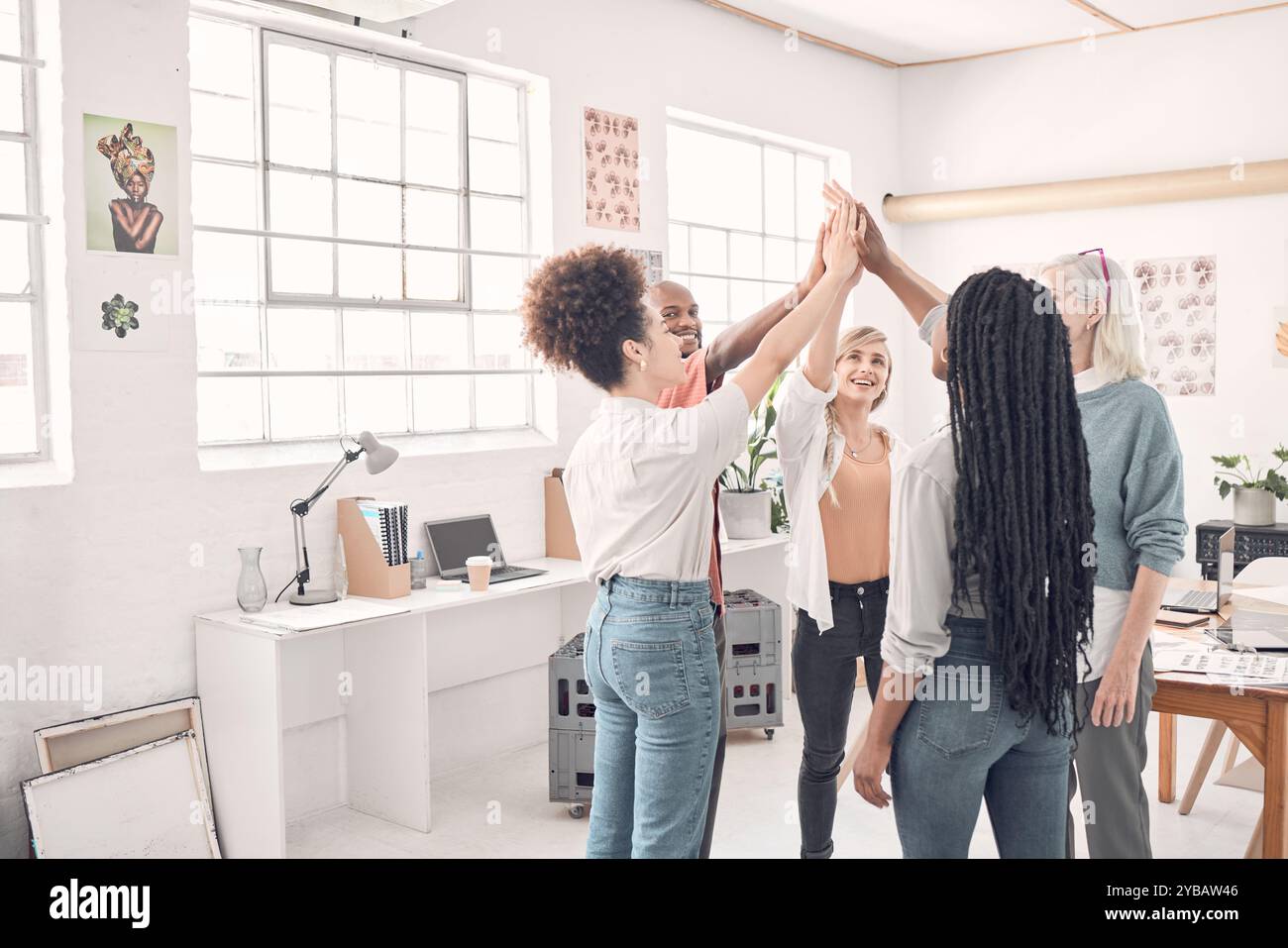 Teamwork, high five or people in studio for creativity, collaboration ...