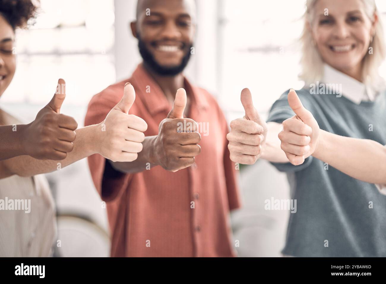 Thumbs up, hands and group with agreement, business people and ...