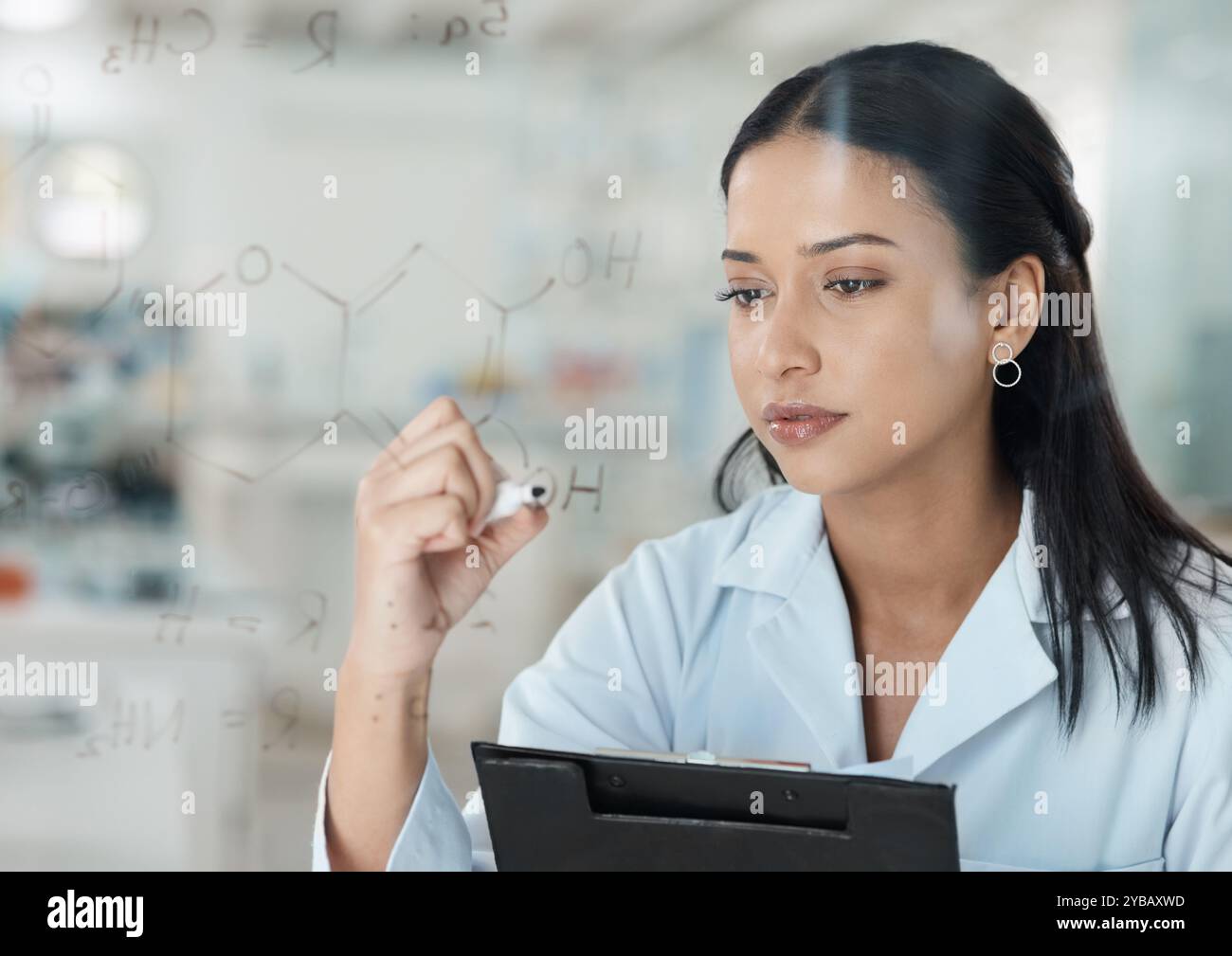 Girl, scientist and formula on glass in lab for problem solving, medical planning and science ...