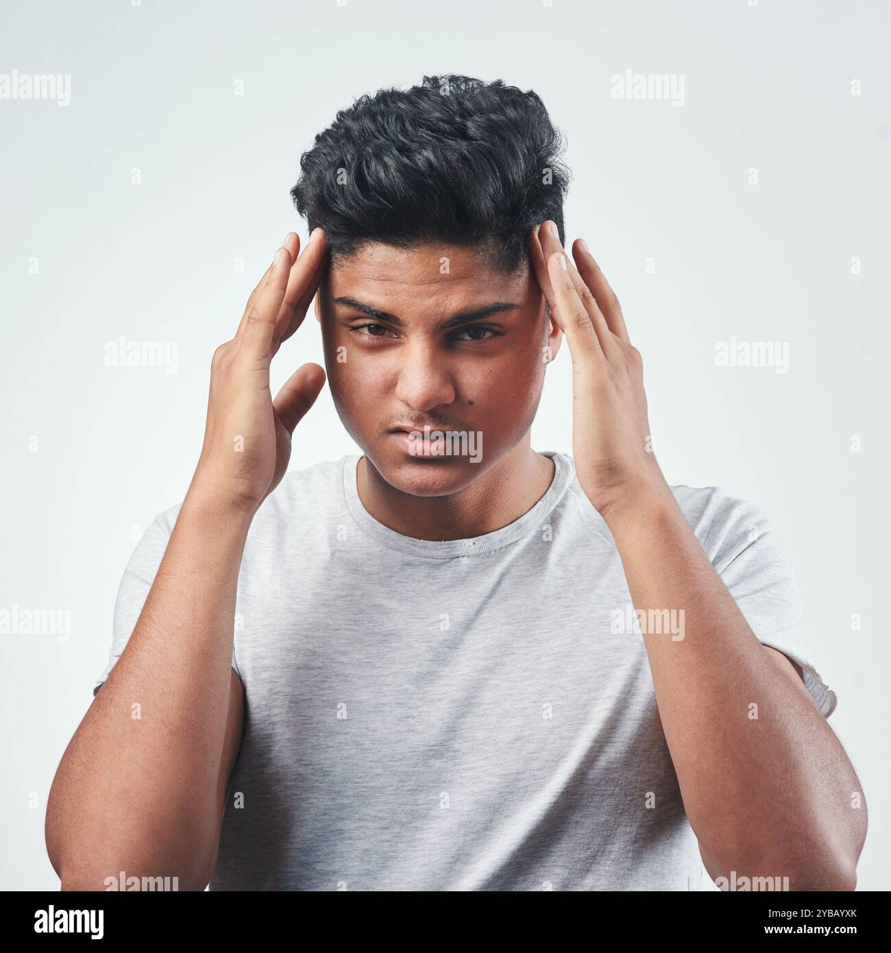 Indian man, portrait and headache with stress for pain, strain or ...