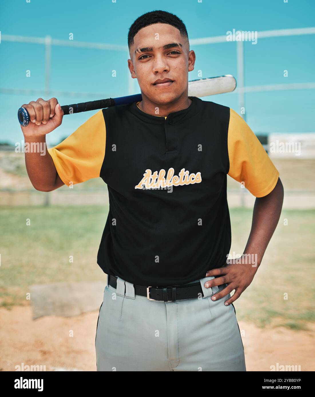 Baseball portrait, player and bat on field for match exercise ...