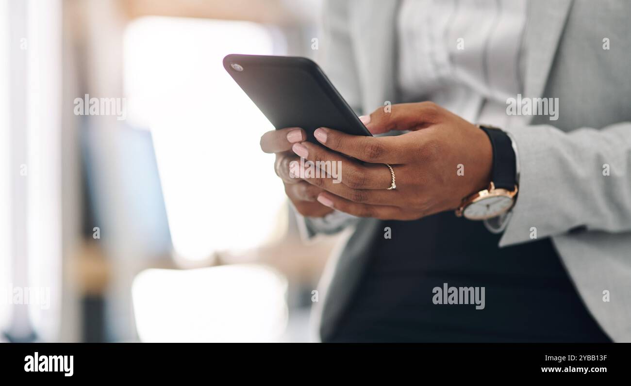 Office, hands and businessperson with cellphone for chat, text message ...