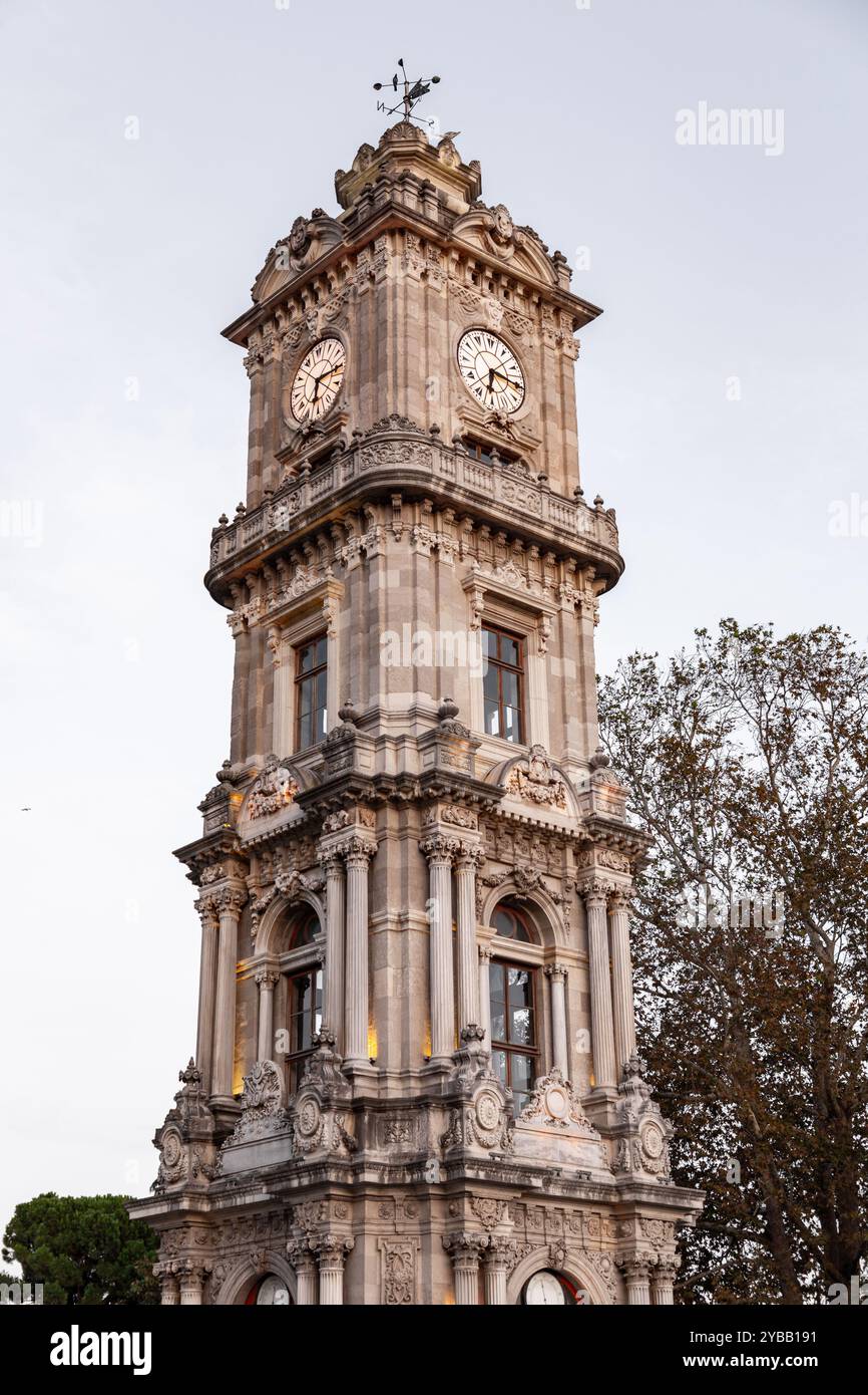 The clock tower of the Dolmabahce Palace located in Besiktas, on the ...