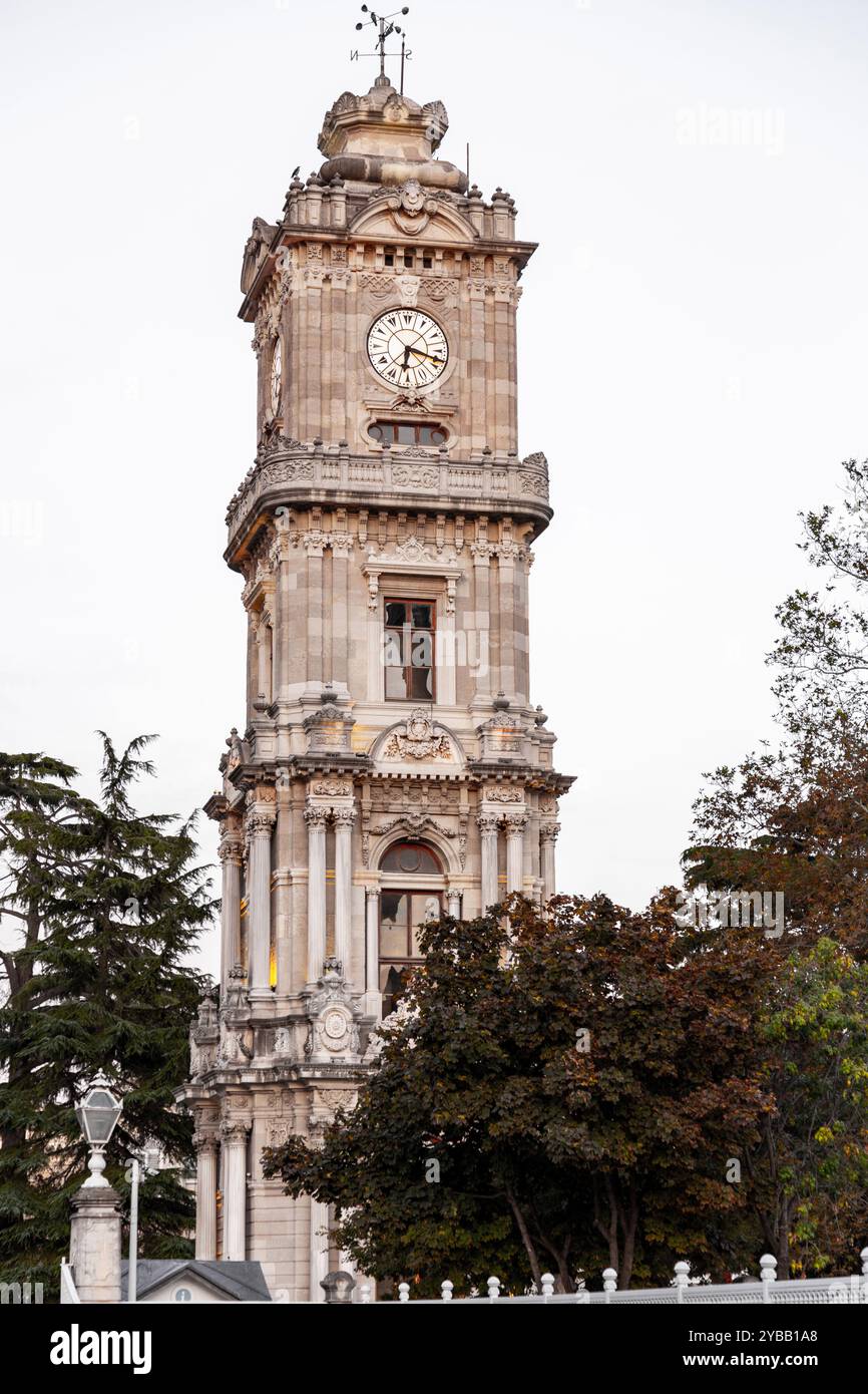The clock tower of the Dolmabahce Palace located in Besiktas, on the ...