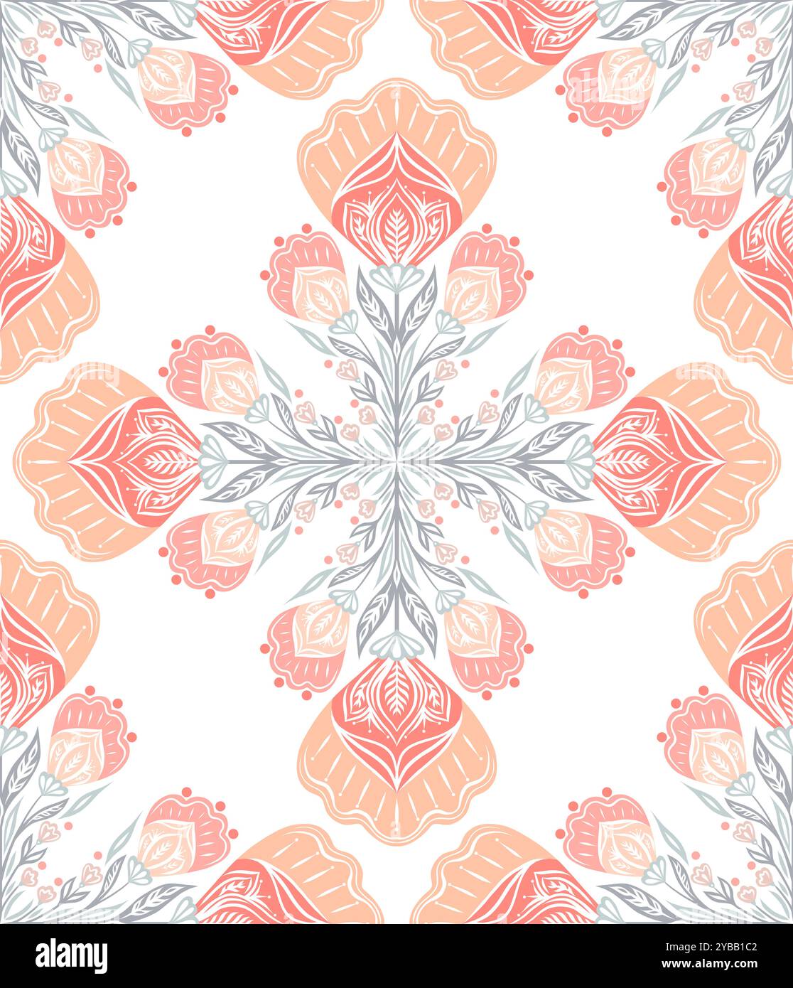 Vector decorative folk art pattern with floral mandalas in delicate ...