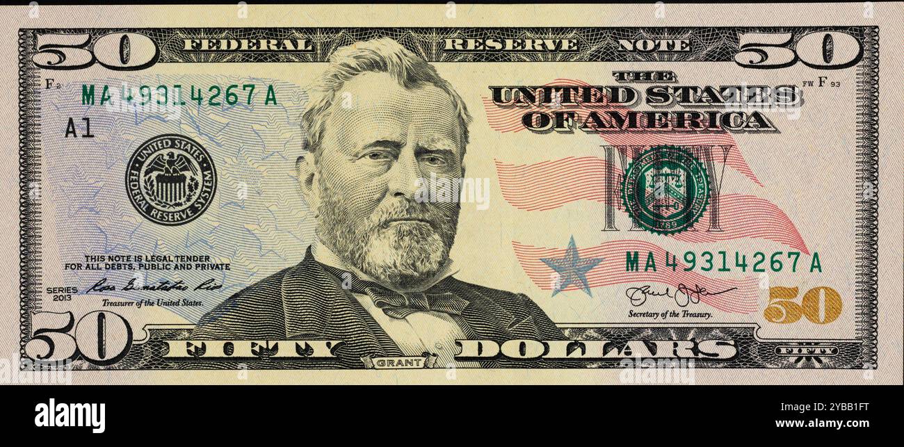 Close-Up of U.S. $50 Dollar Bill Front with Ulysses S. Grant Portrait ...