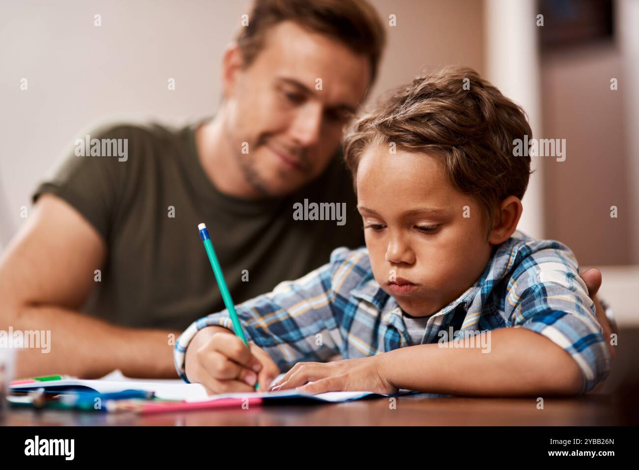 Education, writing and dad with boy for knowledge, learning and ...
