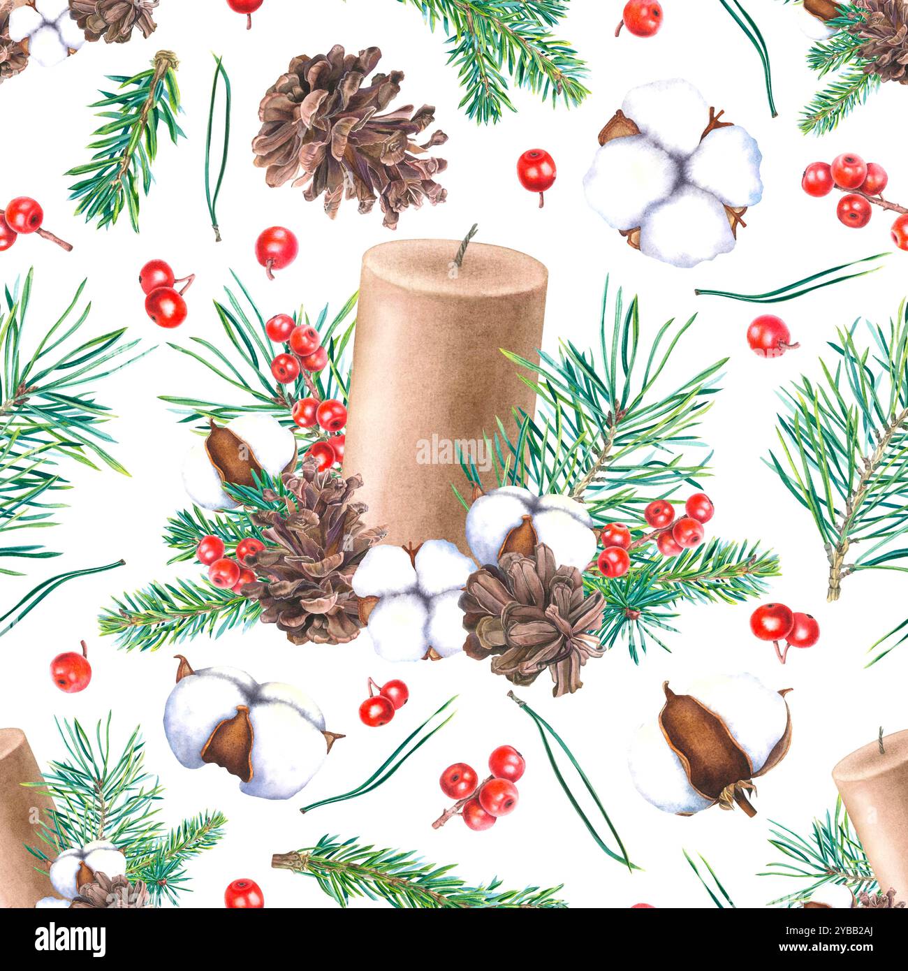 Seamless pattern for Christmas. Fir branches, pinecones, candle, holly ...