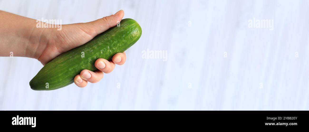 Ripe cucumber in a female hand on a light wooden background. Close-up ...