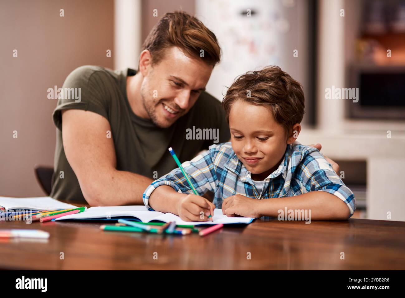 Learning, writing and dad with boy for knowledge, education and ...