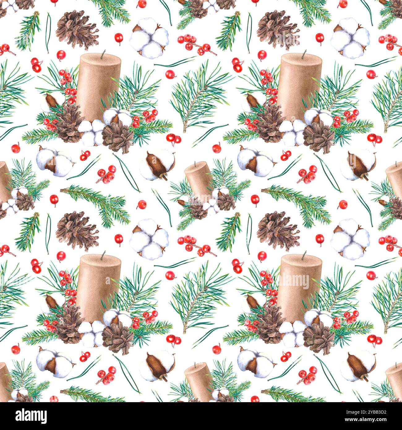 Seamless pattern for Christmas. Fir branches, pinecones, candle, holly ...