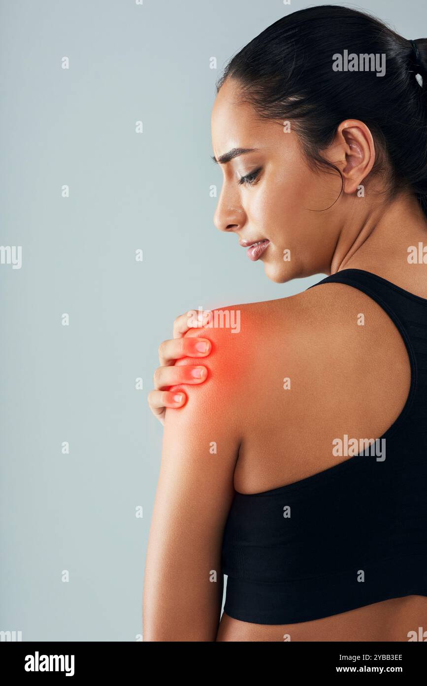 Woman, fitness and shoulder injury with pain for sport, accident or ...