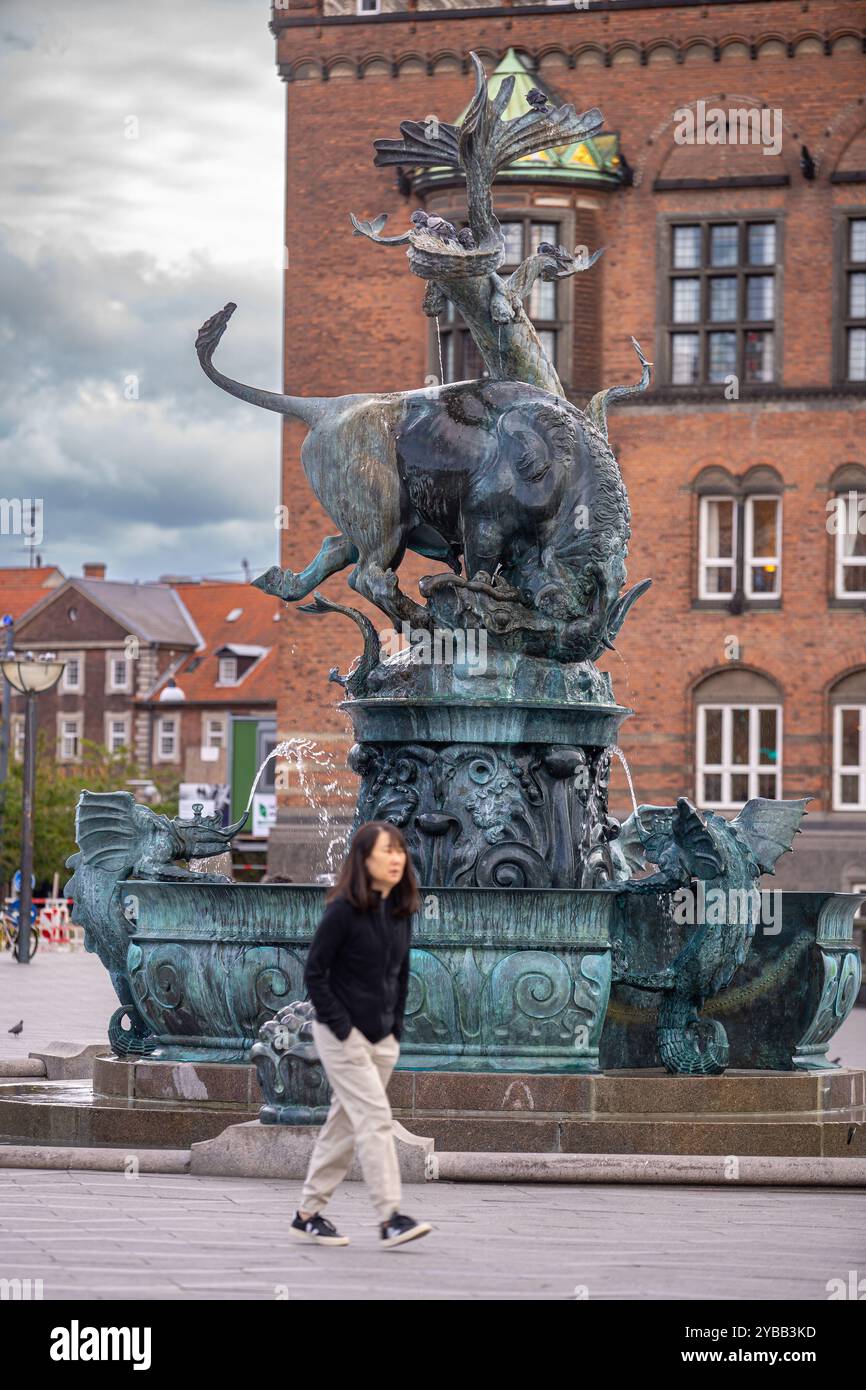 The fountain at the main square in front of the city hall of Copehagen ...