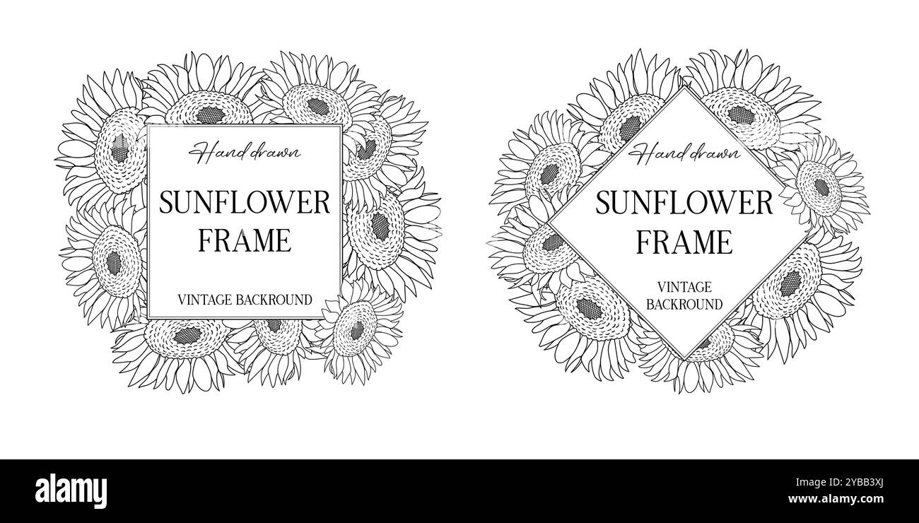 Hand drawn botanical frame with sunflowers. Vector illustration in ...