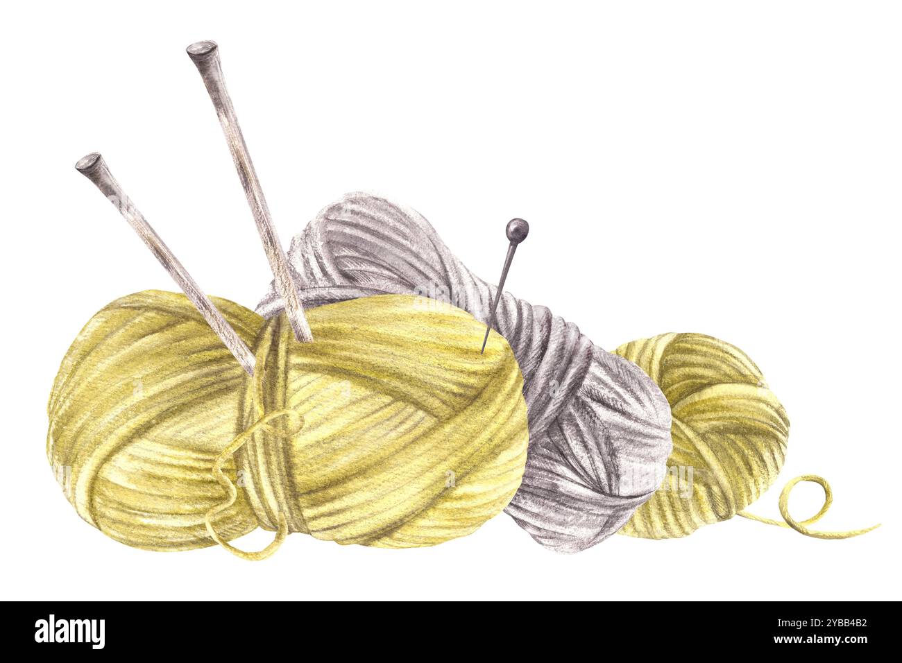 Different skeins of yarn and wooden knitting needles. Grey and green ...