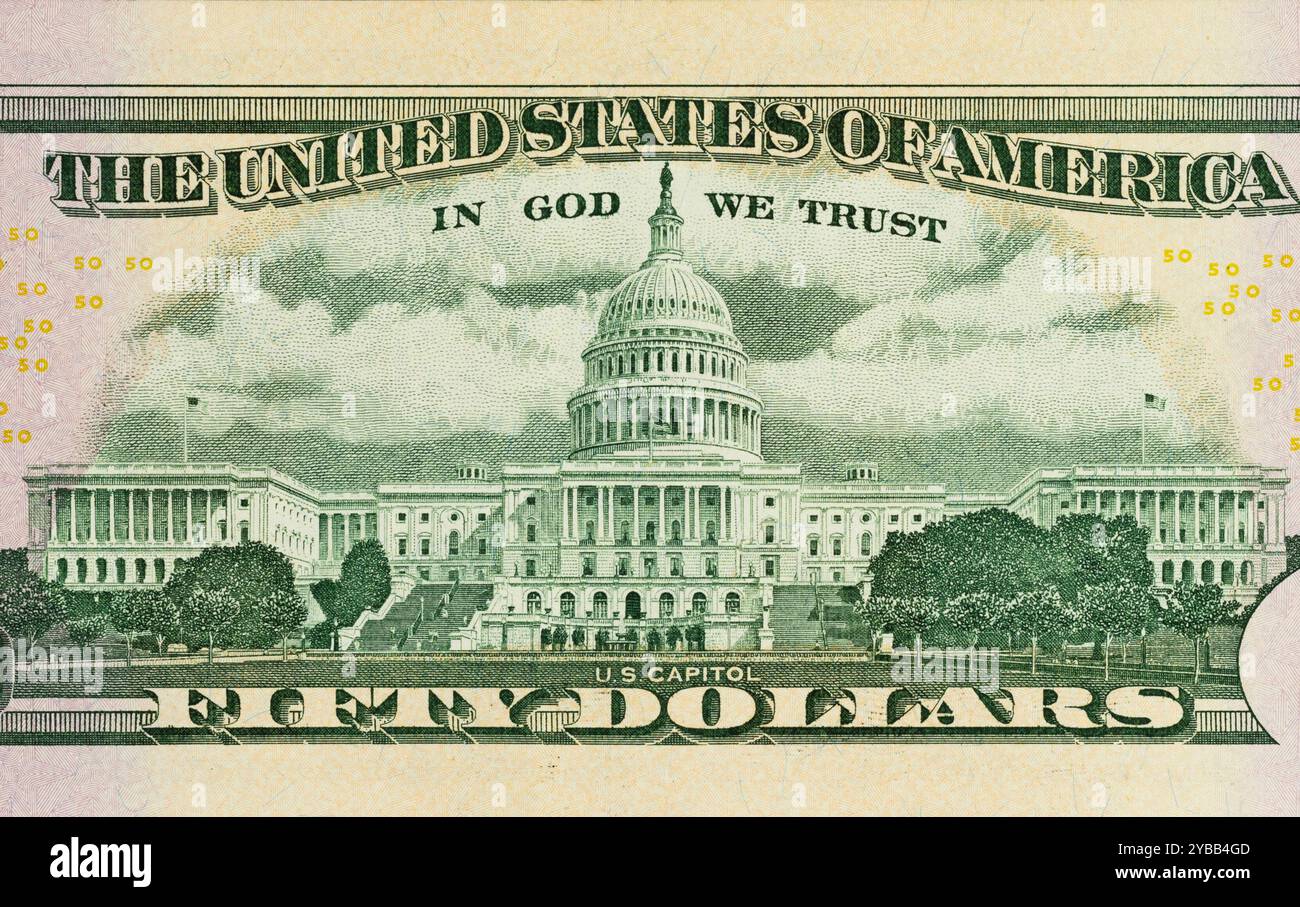 Reverse Side of U.S. $50 Dollar Bill Featuring U.S. Capitol Stock Photo ...