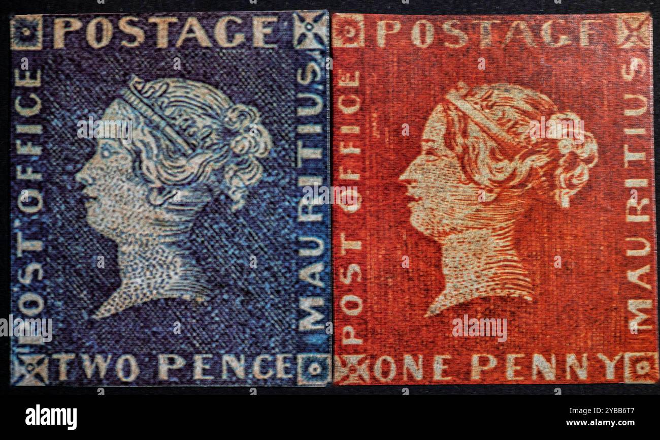 Orangefarbene und blaue Mauritius, Briefmarke, Blue Penny Museum ...