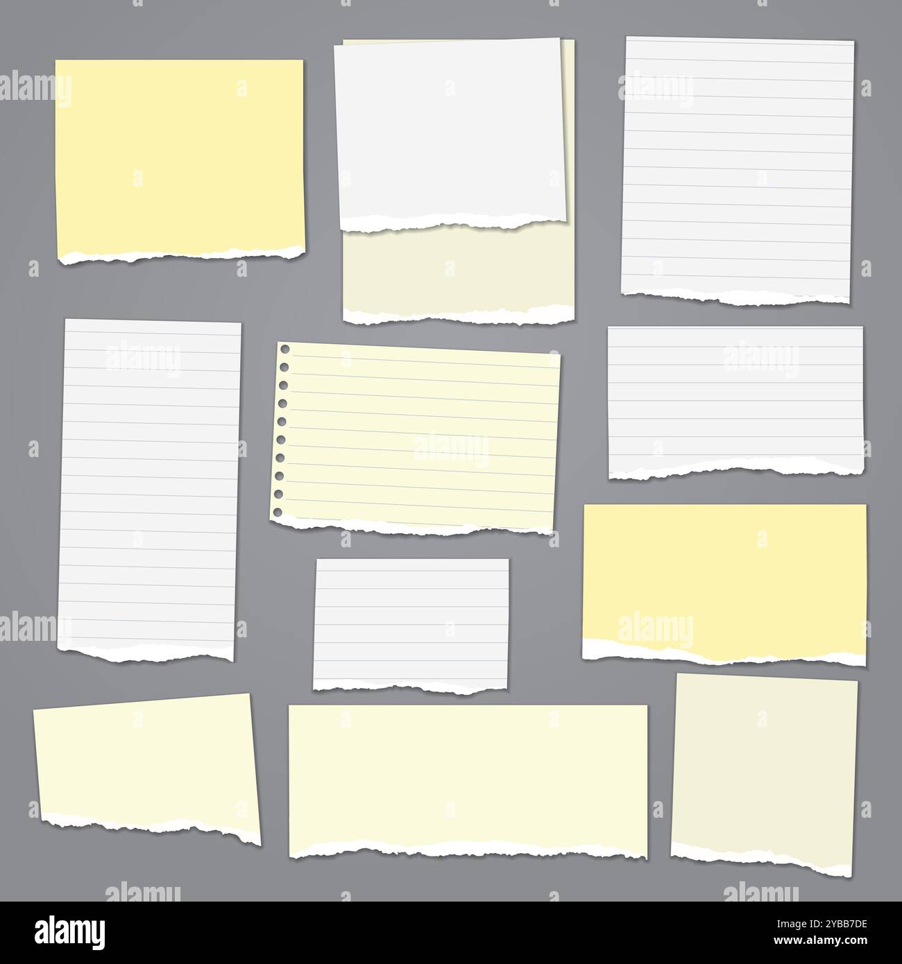 Set of torn white, and yellow lined note, notebook paper strips and ...