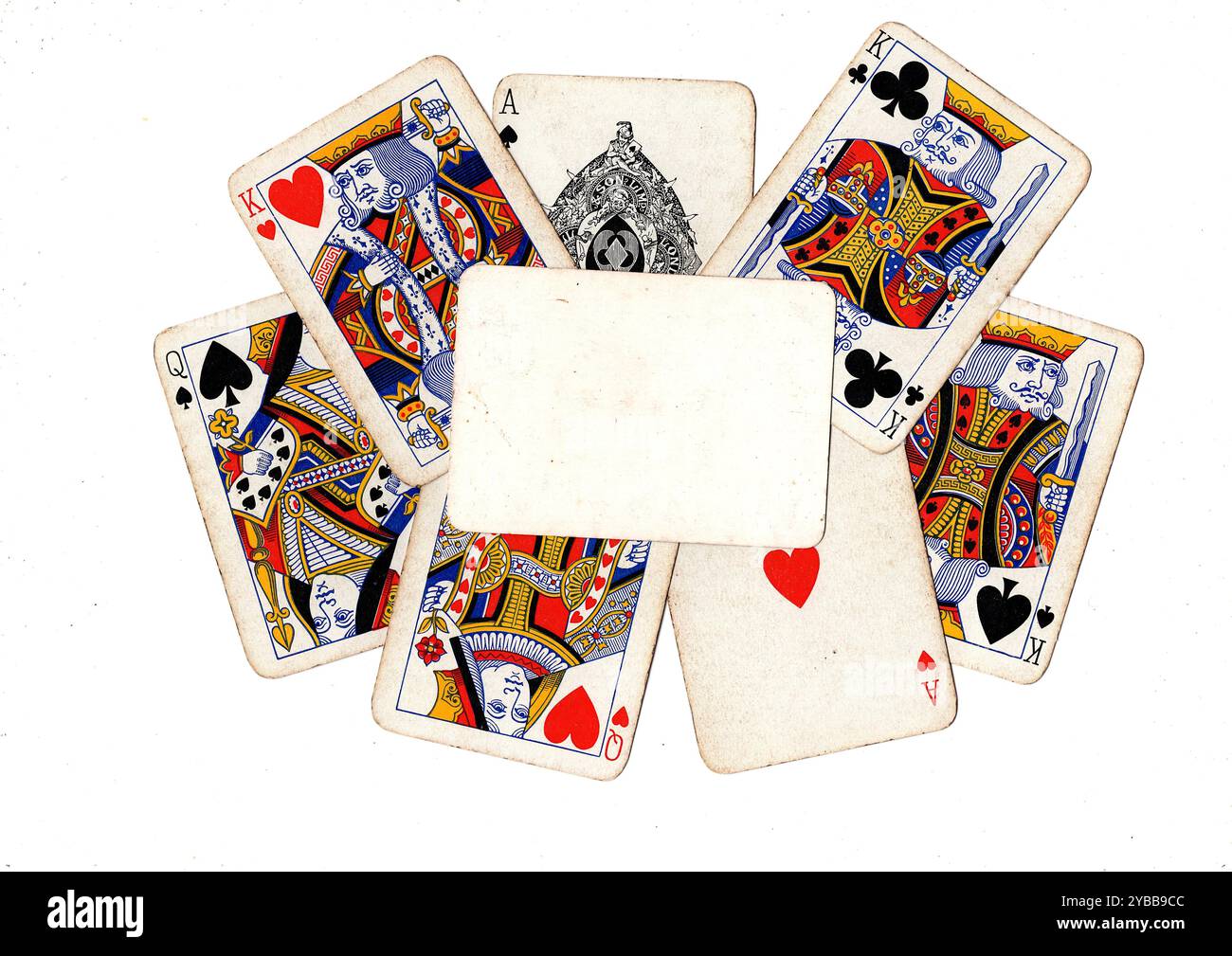A montage of vintage playing cards with a blank card in the middle on a ...