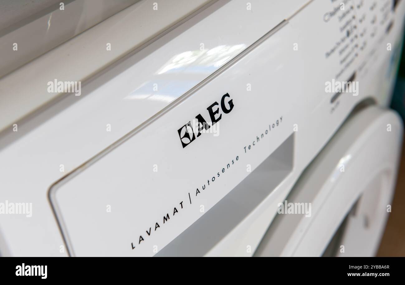 Lefkada, Greece- 10.04.2024. Close up of a washing machine of the ...