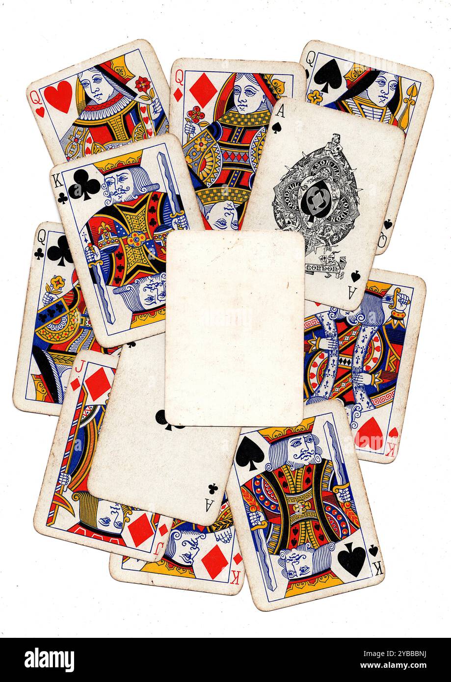 A montage of vintage playing cards with a blank card in the middle on a ...