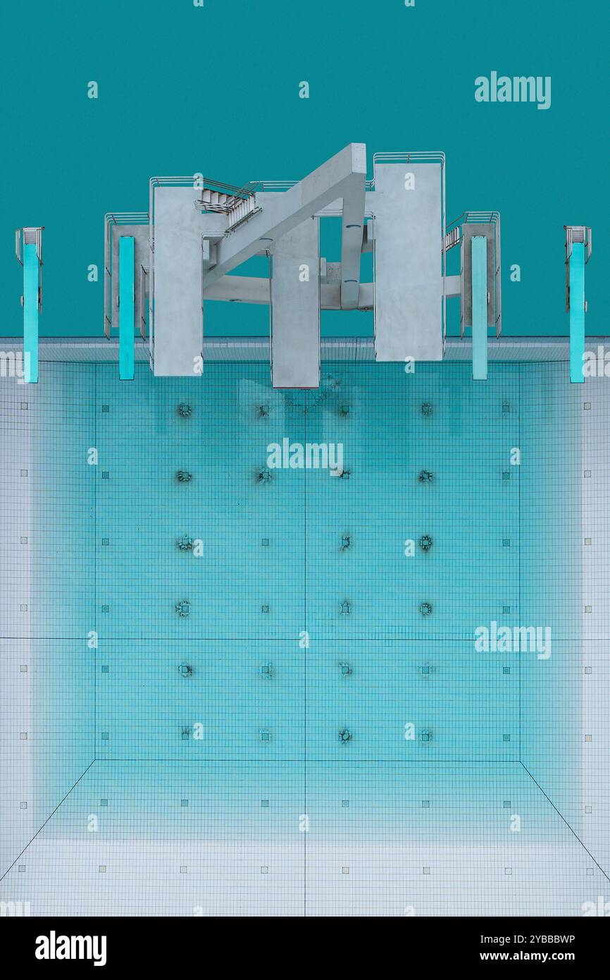 View from above diving platforms and diving boards above half-full blue ...
