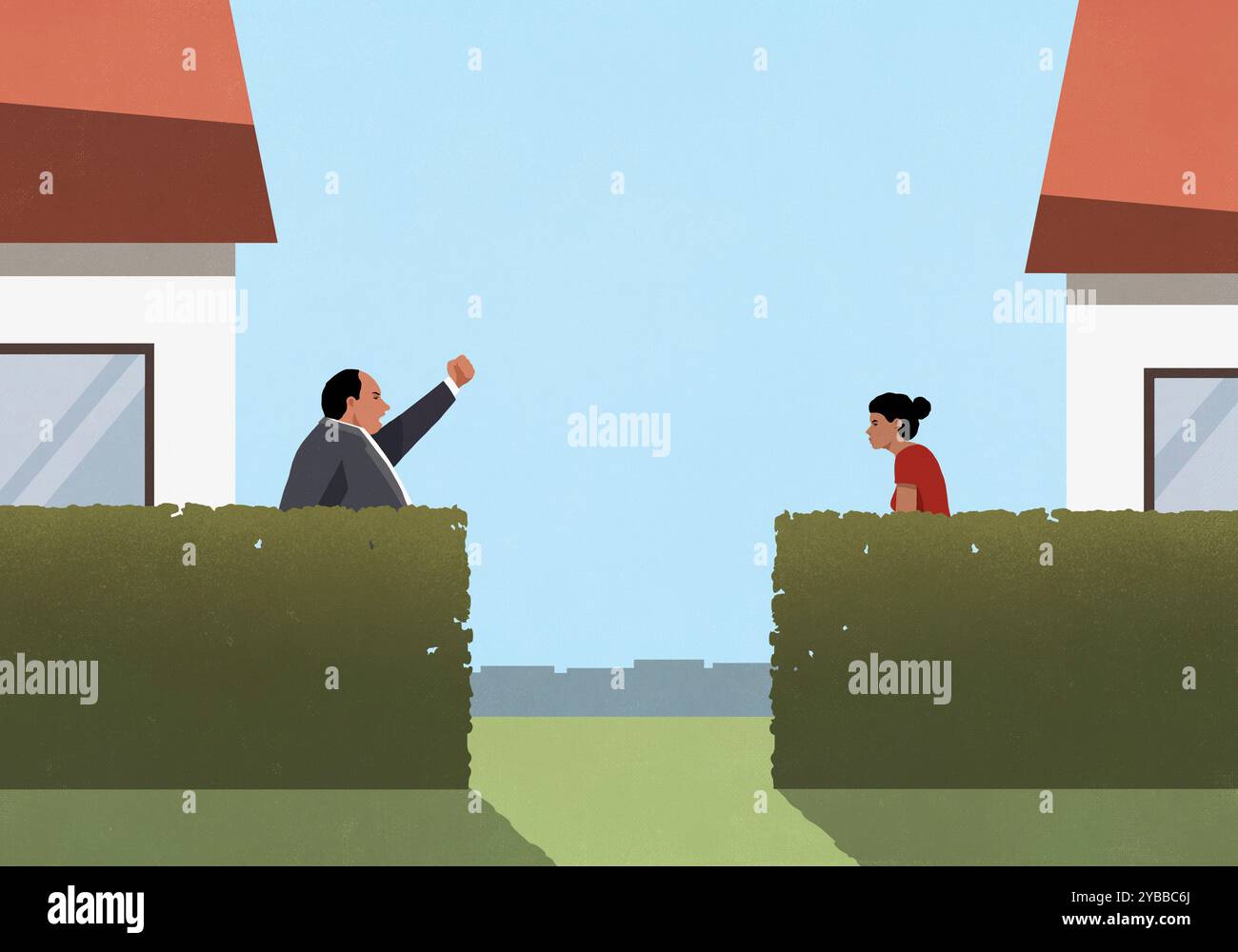 Angry man behind hedge yelling with fist raised at neighbor Stock Photo ...