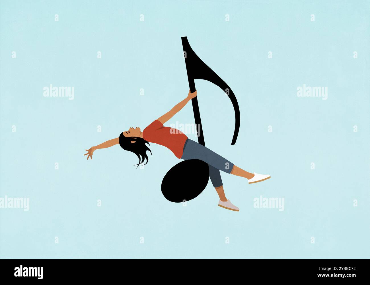Carefree woman riding musical note against blue background Stock Photo ...