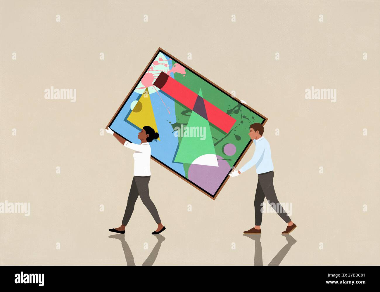 Workers in white gloves carrying large, abstract painting Stock Photo ...