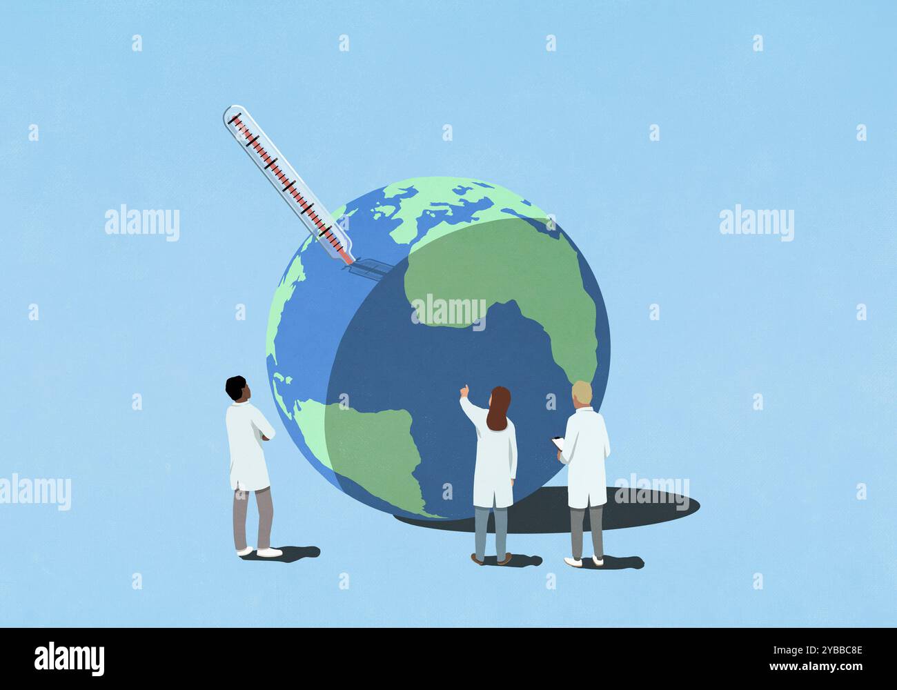 Scientists looking at thermometer in large globe, assessing global ...