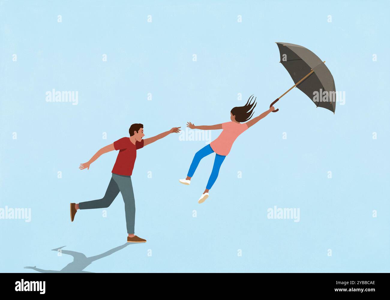 Father reaching for daughter blowing away with umbrella in wind on blue ...