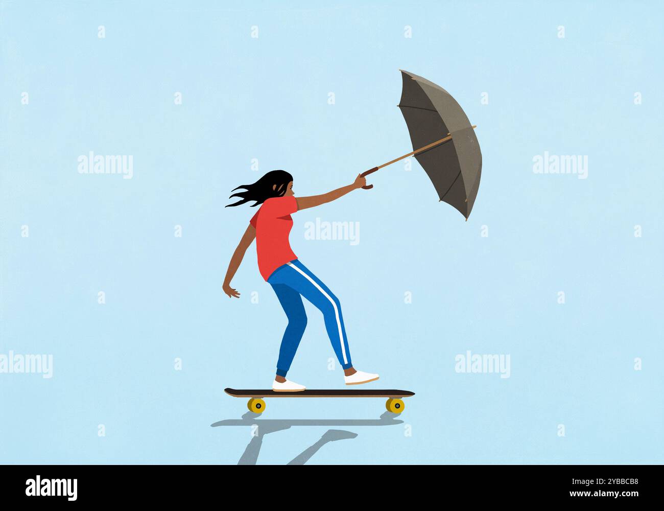 Girl with umbrella skateboarding in wind on blue background Stock Photo ...