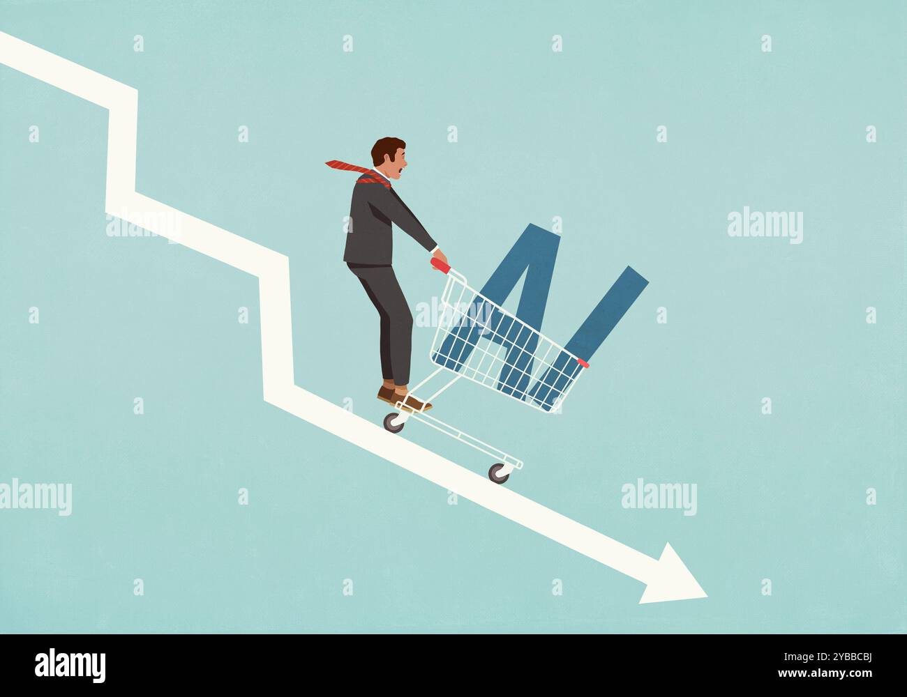 Man riding shopping cart with AI text down descending arrow Stock Photo ...