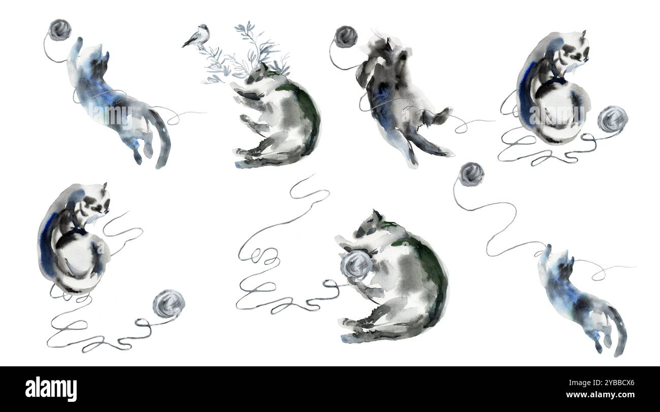 Set of cat sketches with woolen threads and bird. Animal print stains ...