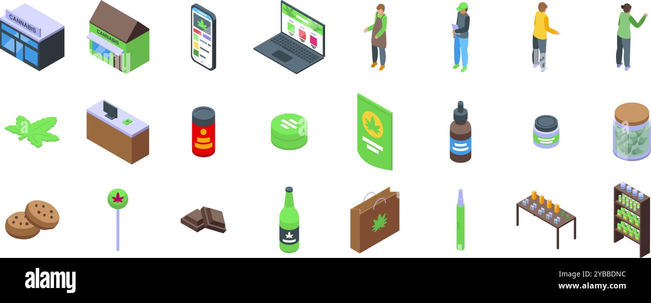 Cannabis store icons set. This isometric icons set illustrates the ...