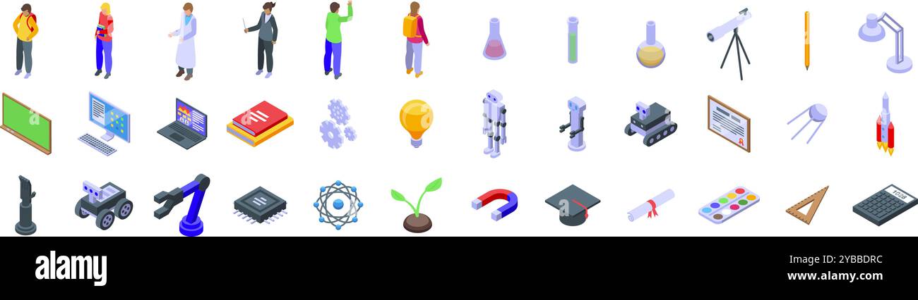 Stem education icons set. Large set of icons showing students, teachers ...