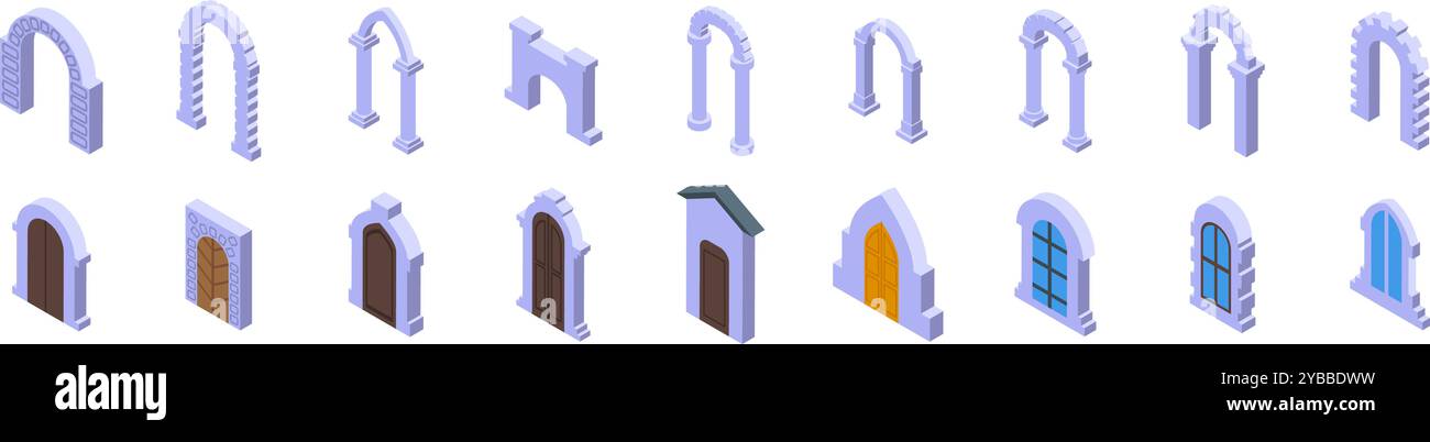 Stone arch icons set. This set of arch and doorway isometric icons ...