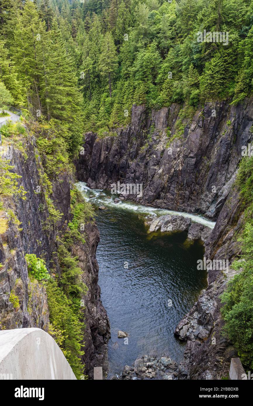 A dramatic canyon at Cleveland Dam in North Vancouver, featuring steep ...