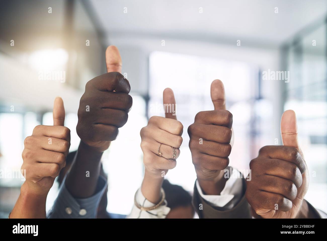 Business people, hands and thumbs up in office for teamwork ...