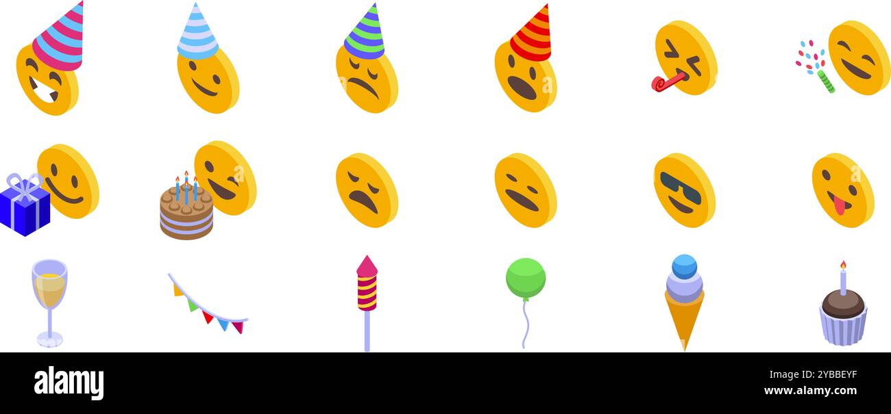 Birthday emoji icons set. Set of party isometric icons showing festive ...