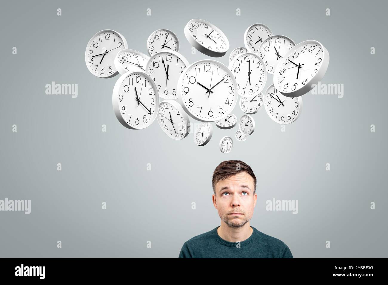 Time Concept with Many Floating Clocks Above a Person Stock Photo - Alamy
