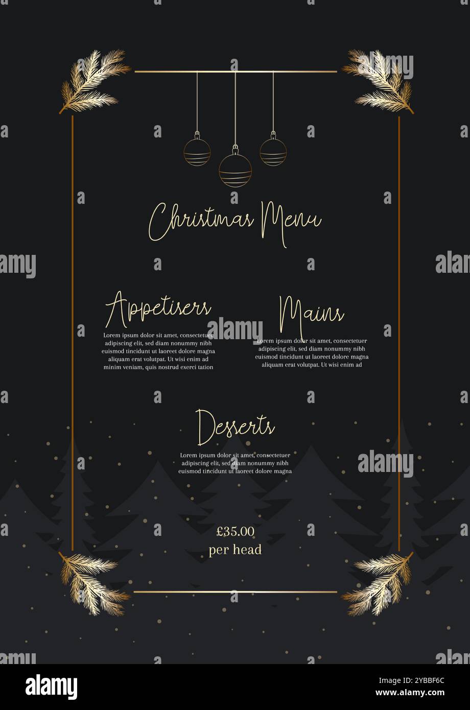 Elegant Christmas menu background design in gold and black colours ...
