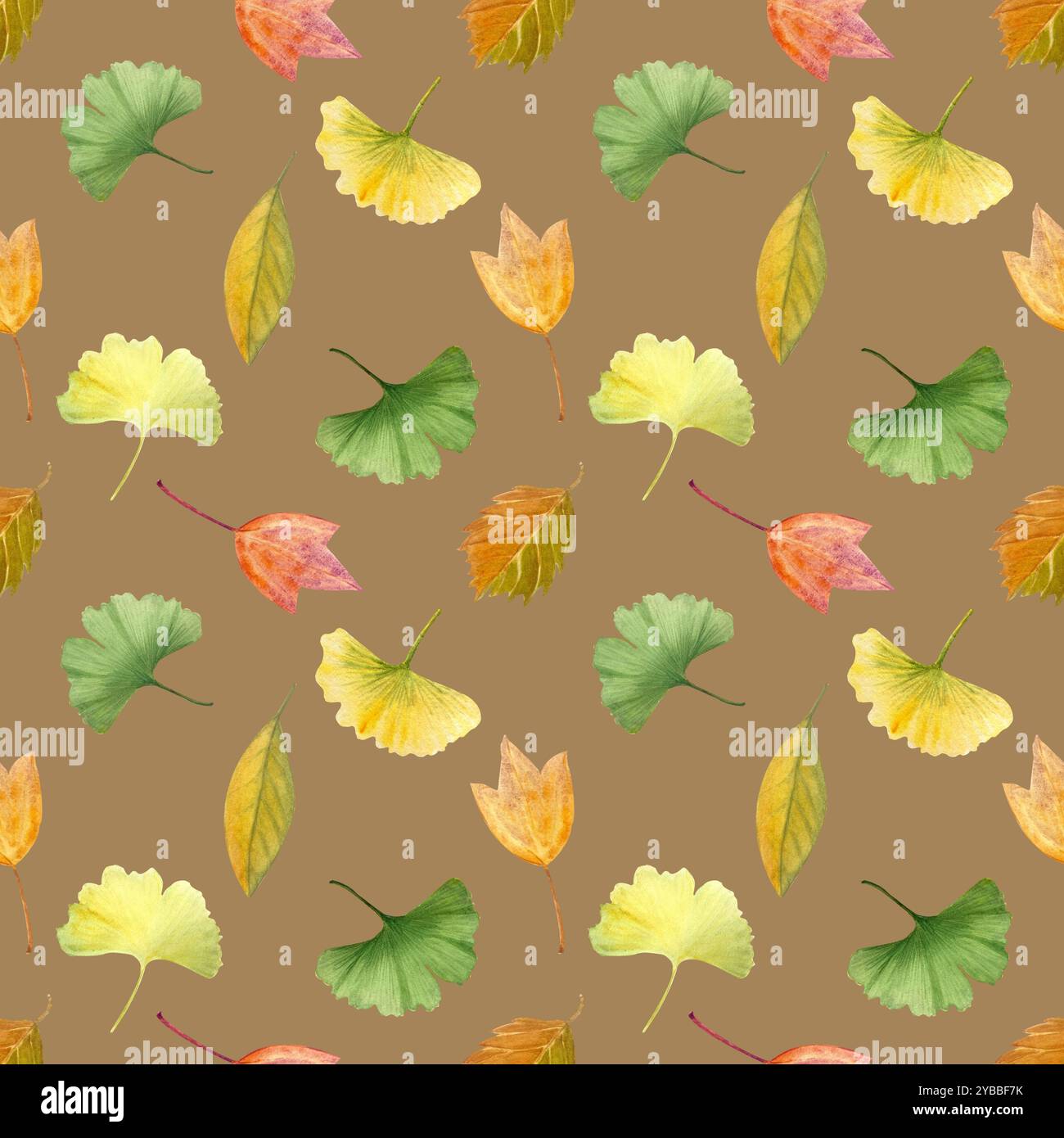 Ginkgo, autumn leaves seamless pattern on caramel background. High quality hand-painted detailed ...