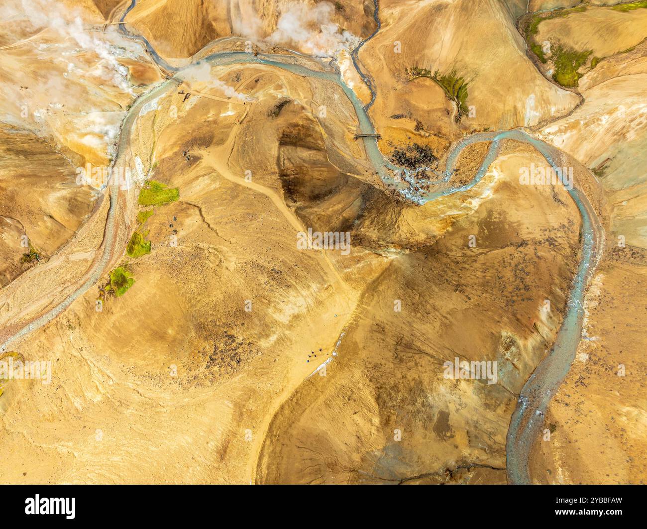 Steaming hot springs and colourful rhyolite mountains, aerial view ...
