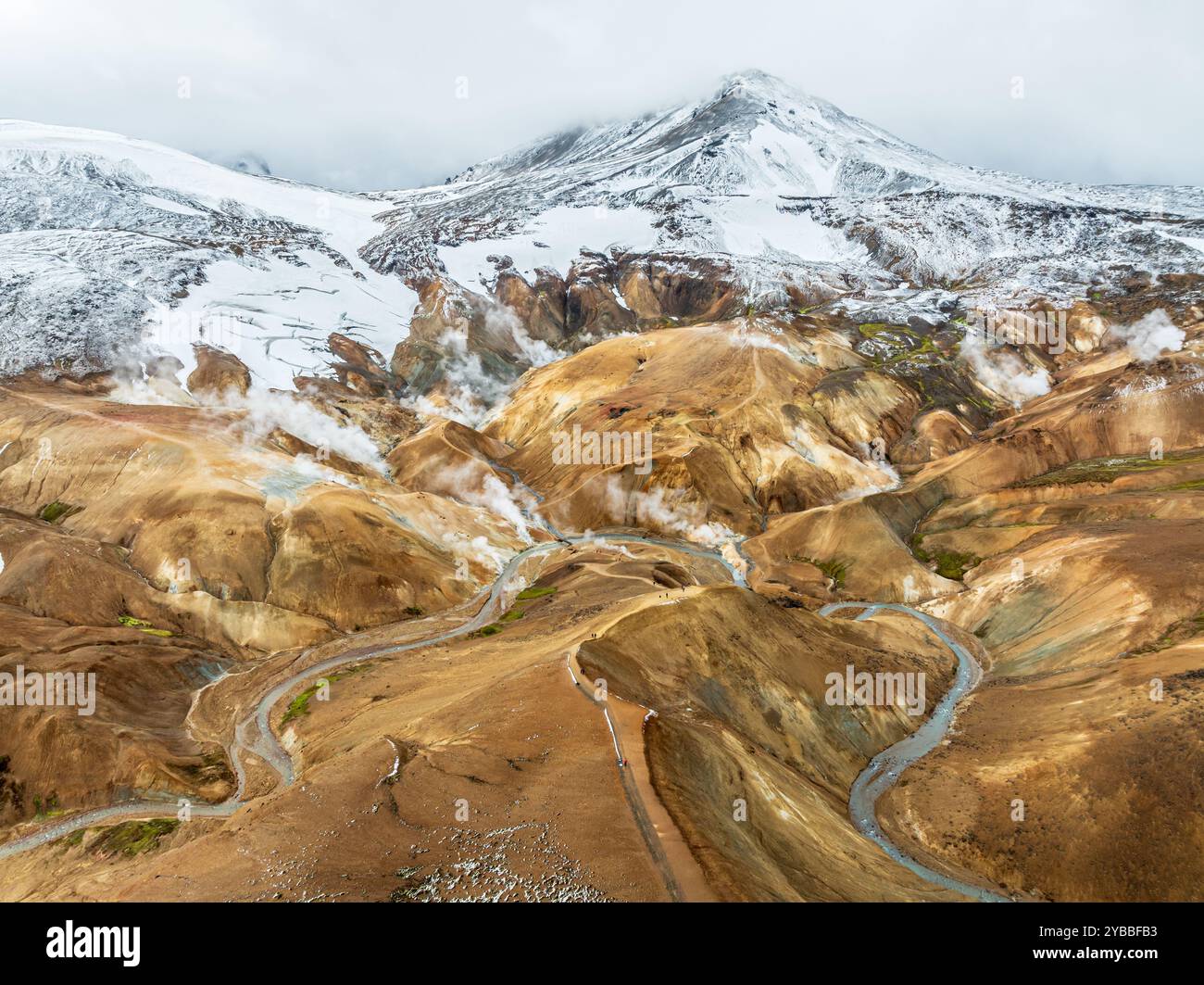 Steaming hot springs and colourful rhyolite mountains, aerial view ...