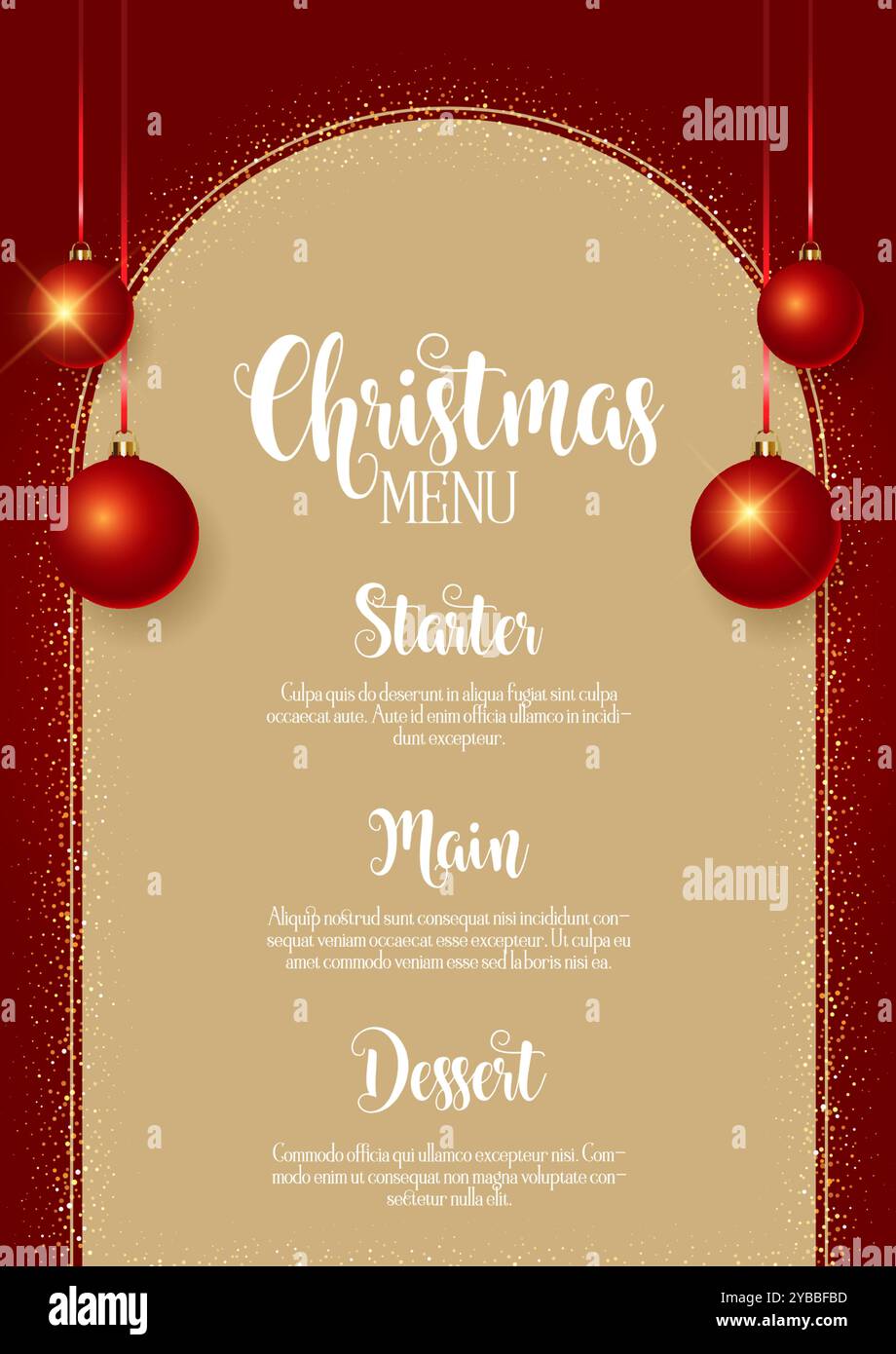 Elegant Christmas menu background with sparkles and hanging baubles ...