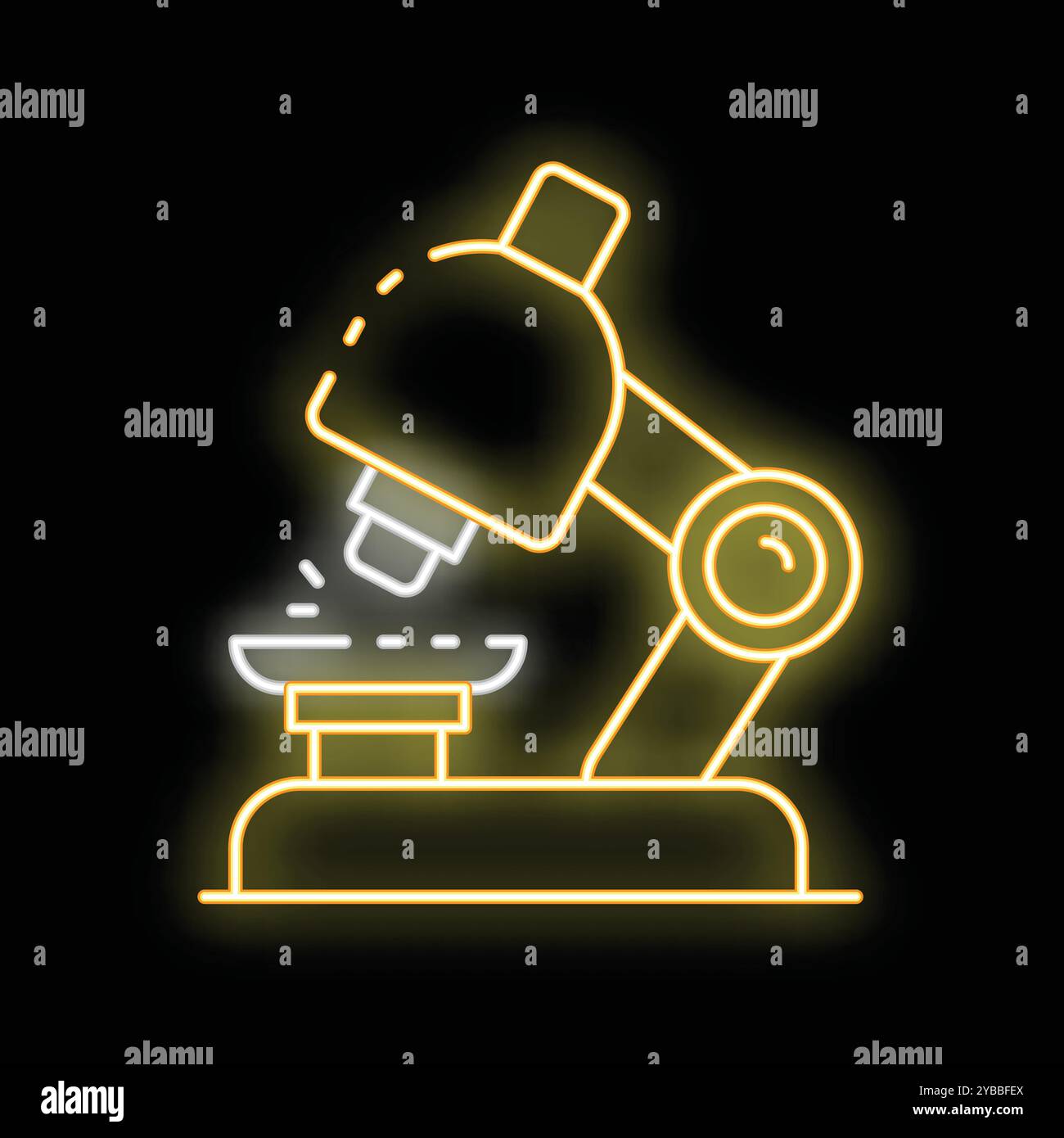 Glowing neon line microscope icon isolated on black background ...
